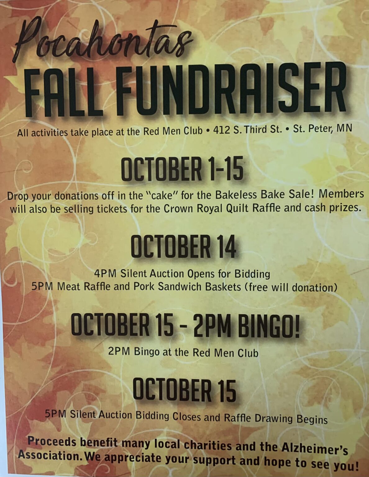Pocahontas Fall Fundraiser BINGO - St. Peter Chamber