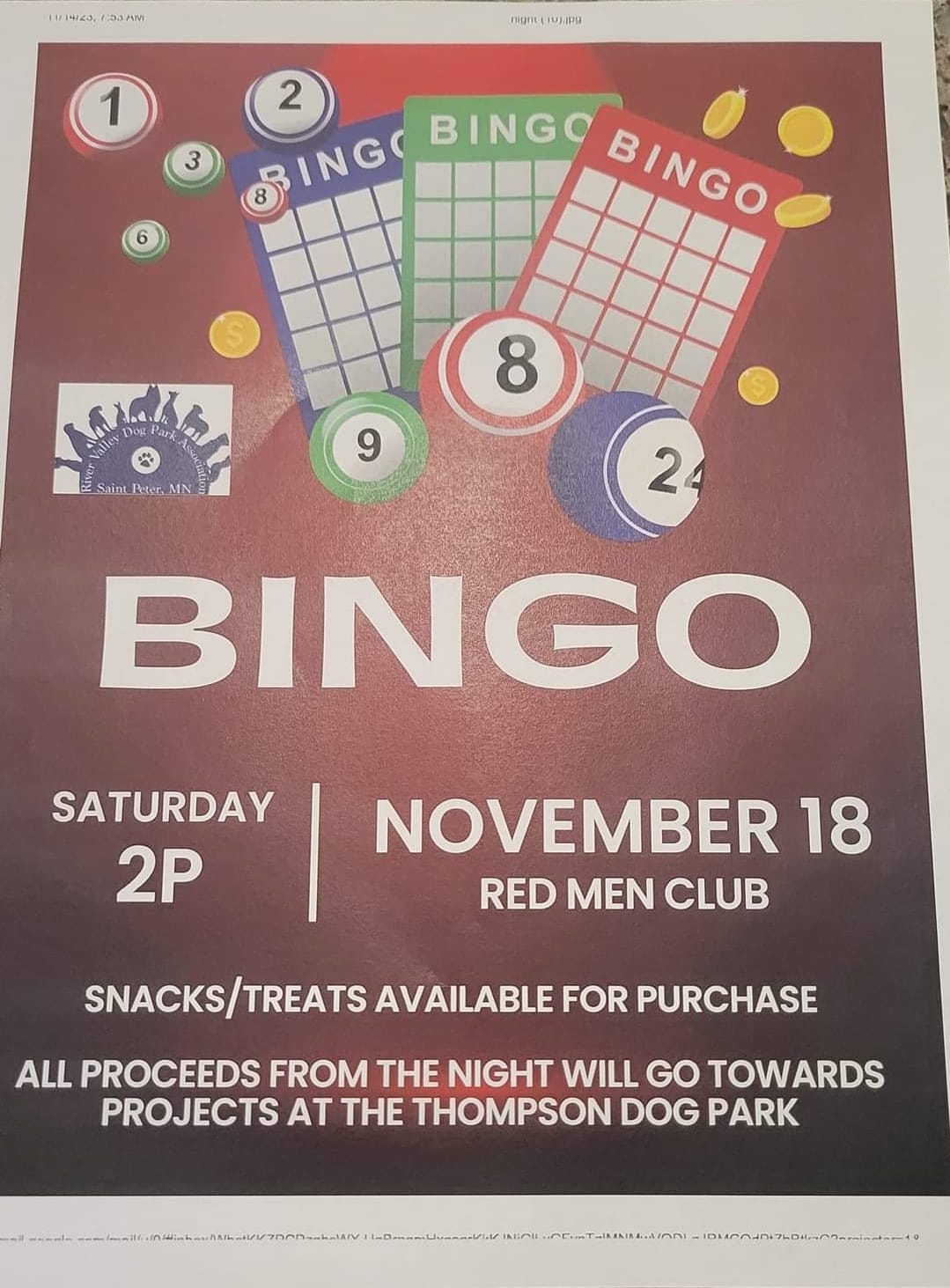 Red Men Club Bingo - Support for Thomas Dog Park - St. Peter Chamber